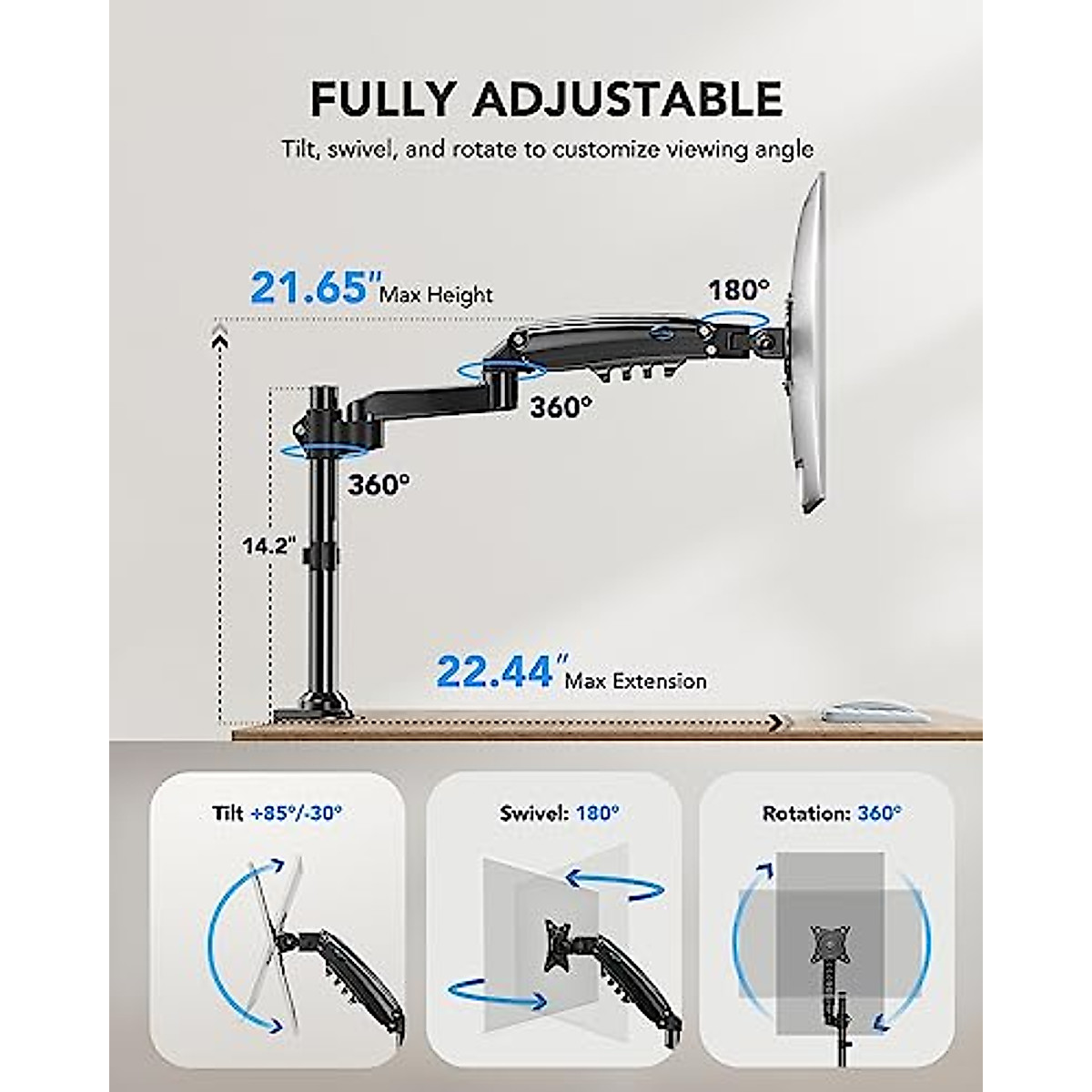 HUANUO Single Monitor Mount - Gas Spring Monitor Arm Fits 13-32'' Monitor, Full Motion Swivel, Single Monitor Stand, Ultra Height Adjustable for Stand Work, Monitor Desk Stand with VESA, Max 19.8lbs