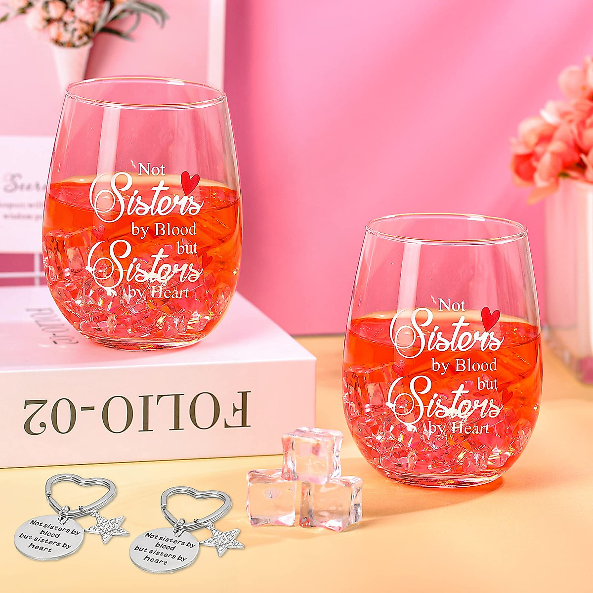 Set of 8 Sister Friends Gifts Not Sisters by Blood But Sisters by Heart 15 oz Funny Stemless Wine Glasses Friendship Keychain Birthday Christmas Gift for Sisters in Law Friends Women Girls Female