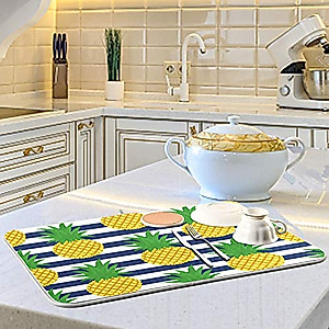 Striped Pineapple Pattern Dish Drying Mat 24"x18" Absorbent Machine Washable Hanging Fast Dry Pad Dish Protective Mat for Kitchen Countertop Heat Resistant Dinner Table Mat