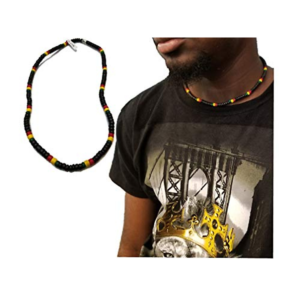 PDTXCLS Rasta Wooden Coconut Bead Reggae Beach 18" Necklace Soho Coco Shell Surfer Necklaces - 8mm