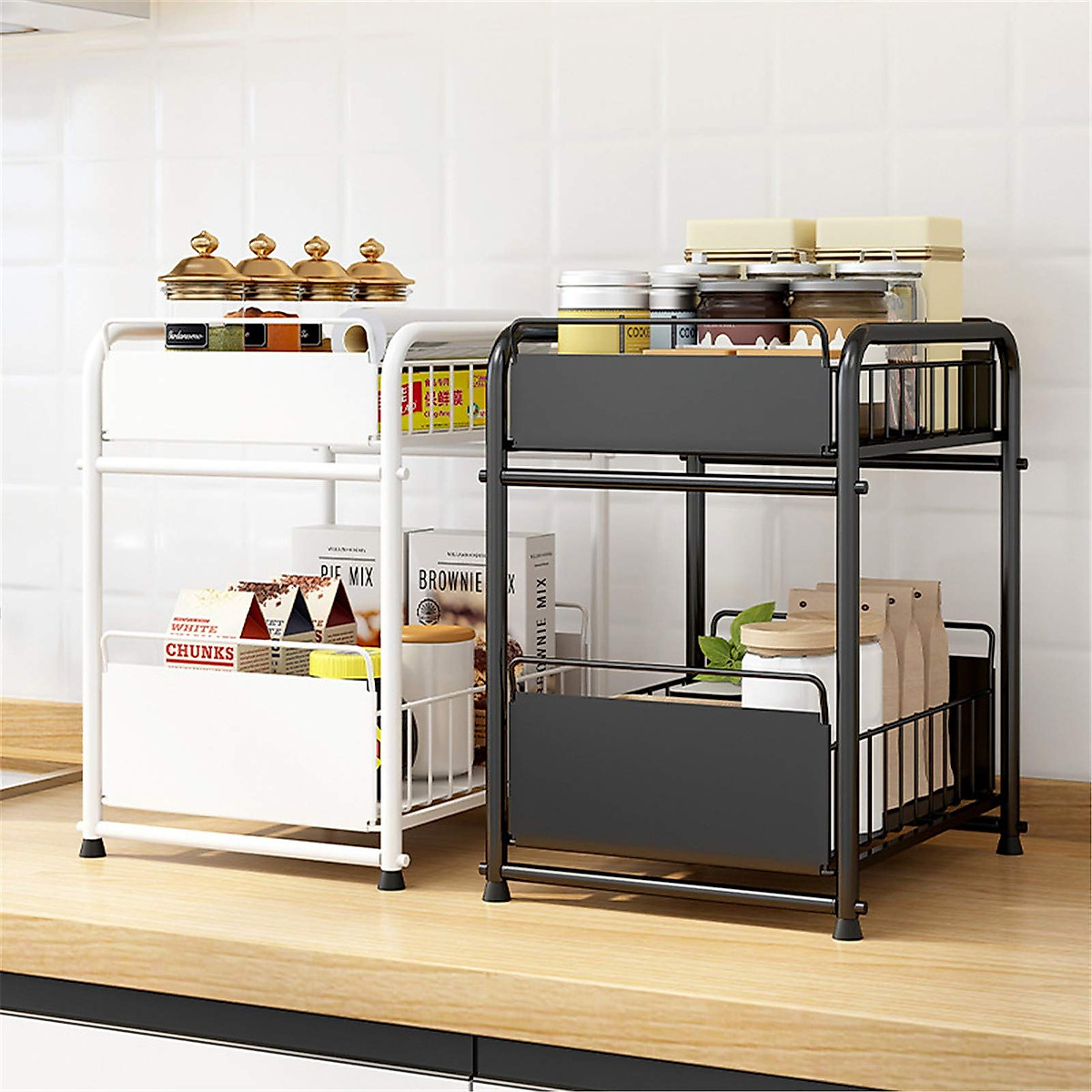 LEAYAN Under Sink Storage 2 Tier Pull Out Organizer,Under Sink Organizer,Sliding Cabinet Basket Organizer Drawer for Kitchen,Under Organizer for Countertop, White 36x28x40cm Under Sink Rack Shelf