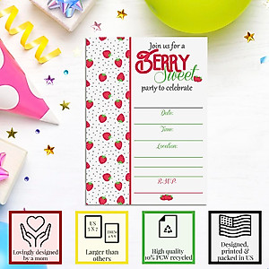 Strawberry Themed Birthday Party Invitations, 20 5x7 Fill In Cards with Twenty White Envelopes by AmandaCreation