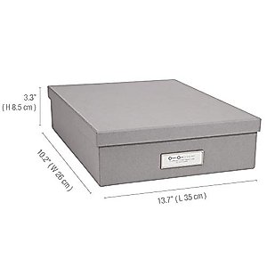 Bigso Oskar Fiberboard Label Frame Document Letter Box | File Organizer Document Box for Important Paperwork | Document Storage Box with a Lid & Metal Label Window | 3.3″x10.2″x13.8″ | Grey