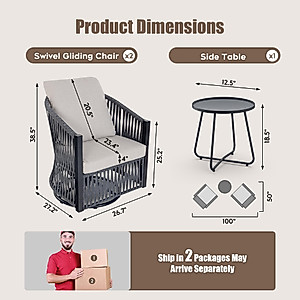 ROCKINGRUN 3 Pieces Outdoor Swivel Rocker Chair Set of 2,Outdoor Patio Glider Chair Rattan with Steel Side Table,Soft Cushions,Outdoor Patio Furniture Sets for Outside Deck Porch Garden,Dark Grey