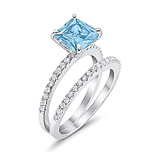 Blue Apple Co. Two Piece Wedding Engagement Ring Band Asscher Cut Simulated Aquamarine 925 Sterling Silver, Size-8