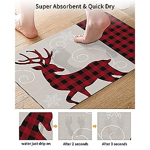 Christmas Reindeer Bath Mat for Tub,Non Slip Bathroom Floor Runner Rug Quick Dry & Absorbent Diatomaceous Earth Kitchen Shower Sink Washable Doormat,Red Black Buffalo Plaid Checkered Snowflake 16"x24"