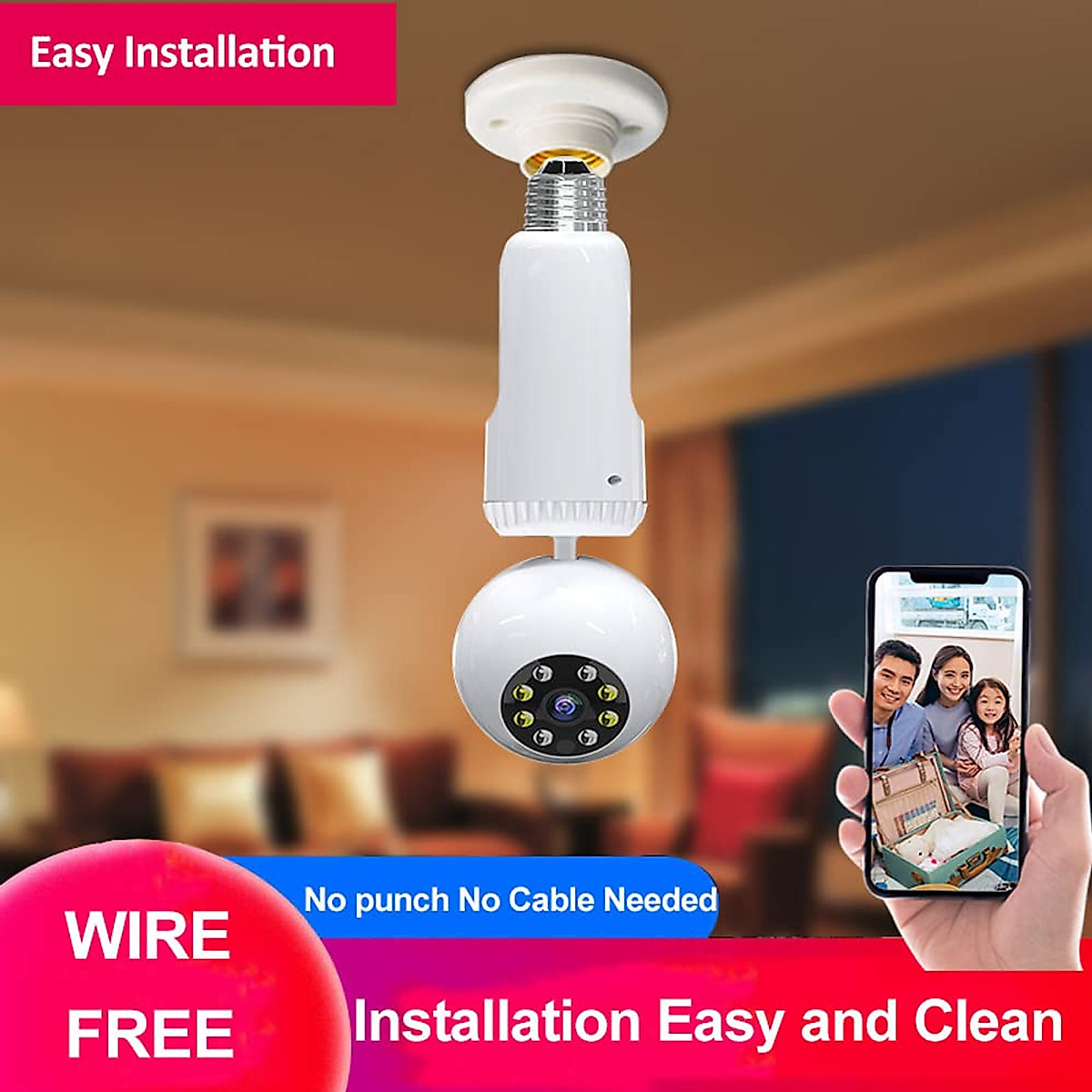 EVERSECU 2MP 1080P Wireless Lightbulb Powered PTZ Security Camera with E27 Bulb Connector, Motion Auto Tracking, Two Way Audio, Night Vision, 2.4ghz WiFi IP PTZ CCTV Camera