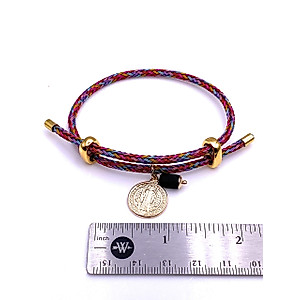 LESLIE BOULES 18K Gold Plated Saint Benedict Colored String Bracelet Charm Genuine Azabache Stone