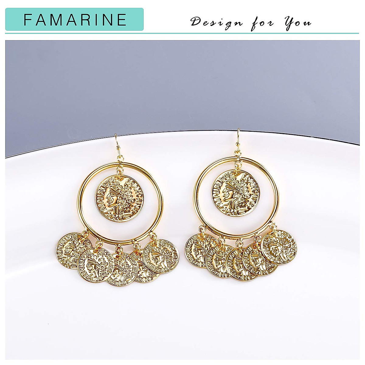 Vintage Tribal Chandelier Portrait Coins Drop Dangle Earrings for Women Costume Jewelry Gold