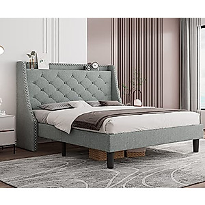 iPormis Queen Bed Frame with Aesthetic Wingback, Upholstered Platform Bed with Diamond Tufting Headboard, 4" Storage Shelf, Sturdy Wood Slats, No Box Spring Needed, Anti-Slip, Light Grey
