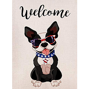 Ogiselestyle Welcome Garden Flag Double Sided Cute Boston Terrier Celebrating Yard Outdoor Flag 12 x 18 Inch