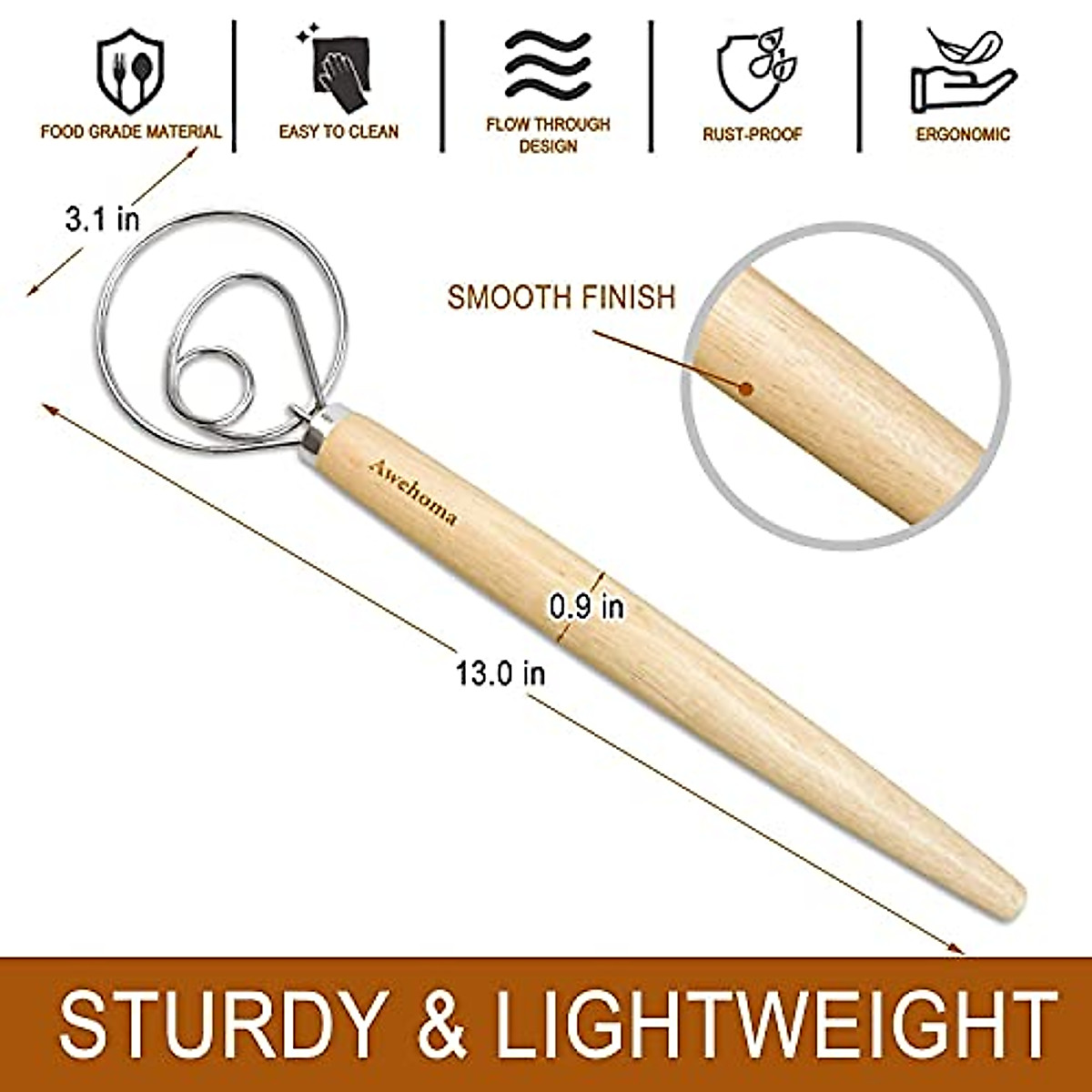 Awehoma Danish Dough Whisk Large Hand Mixer - 2 Pack Large 13” Stainless Steel & Wooden Danish Whisk - Dutch Style Artisan Blender for Bread, Batter, Cake, Pastry, and More - Gift for Bakers