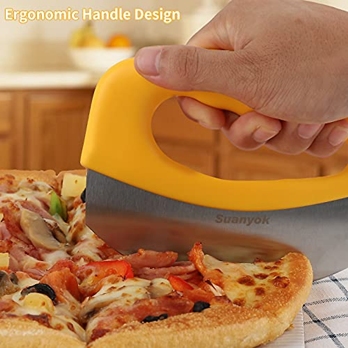 Suanyok Premium Pizza Cutter Food Chopper-Super Sharp Blade Stainless Steel Pizza Cutter Rocker Slicer with Protective Sheath Multi Function Pizza Knife Kitchen Tools,Dishwasher Safe