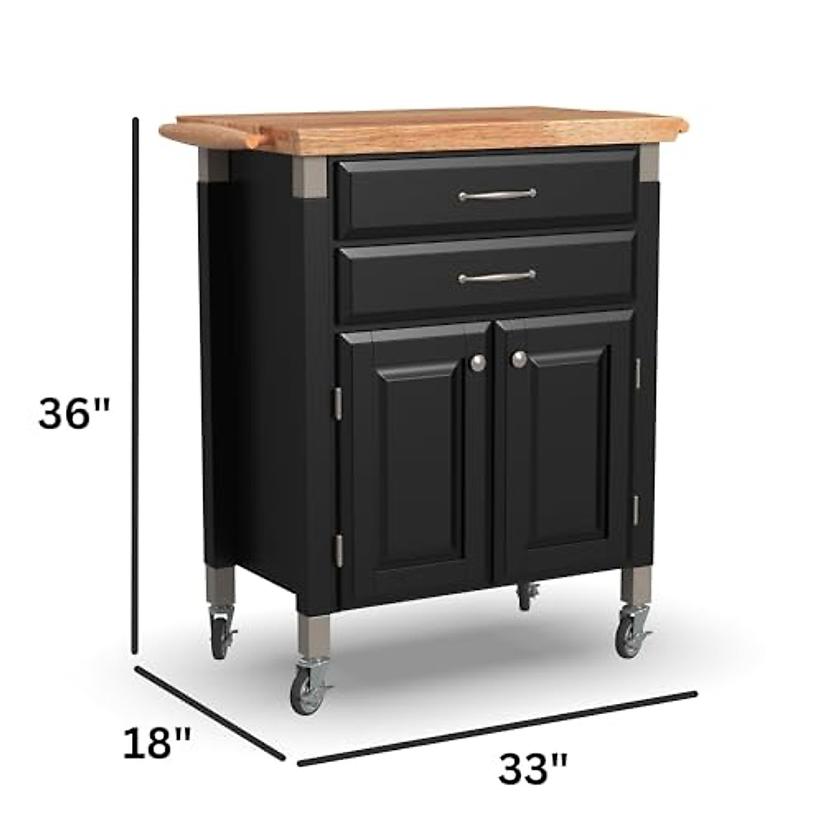 Home Styles Black Dolly Madison Prep and Serve Kitchen Cart with Natural Top, Locking Casters, Two Drawers, Two Storage Cabinets