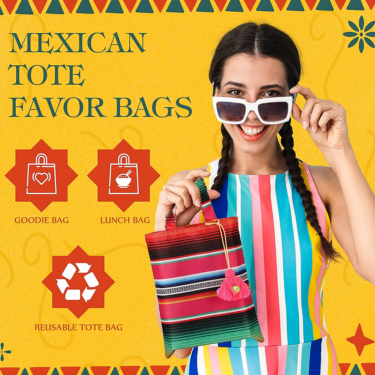 LEIFIDE 24 Pcs Mini Mexican Tote Favor Bags 10 x 8'' Mexican Bags Fiesta Mexican Candy Bags Assorted Color Gift Bags Bolsas Para Fiestas with Tassel for Mexican Cinco De Mayo Party Decoration Supplies