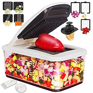 RüK Vegetable Chopper, Extra Large Pro Food Chopper, Multi 10-in-1 Onion Chopper Vegetable Cutter, 6 Blades, 4 Vegetable Spiralizers for Salad Potato Carrot with 2.6-Quart Container & E-Recipes