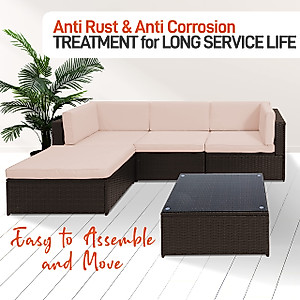 SereneLife Porch Furniture 5 Piece Accessories and Decor Outdoor, Balcony Patio Conversation, Bistro Set, PE Rattan Wicker Chairs w/Soft Cushion & Glass Coffee Table-SLOTFX9, brown