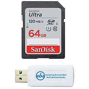 SanDisk 64GB SDXC SD Ultra Memory Card Works with Nikon Coolpix A900, A100, P1000, W100, W300, B700 Digital Camera (SDSDUN4-064G-GN6IN) Bundle with (1) Everything But Stromboli Card Reader