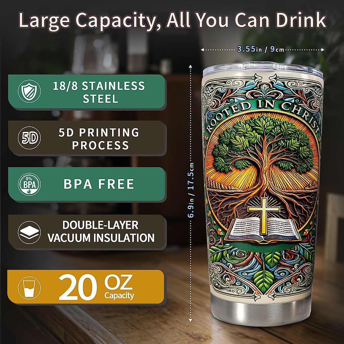 YRCKUDZKG 20 Oz Stainless Steel Tumbler, Double-layer 304 Vacuum Insulated Cup | Leak-Proof Lid Reusable Insulated Mug with Straw, Keeps Hot and Cold for Home, Office, Travel and Car (Bible Tree)