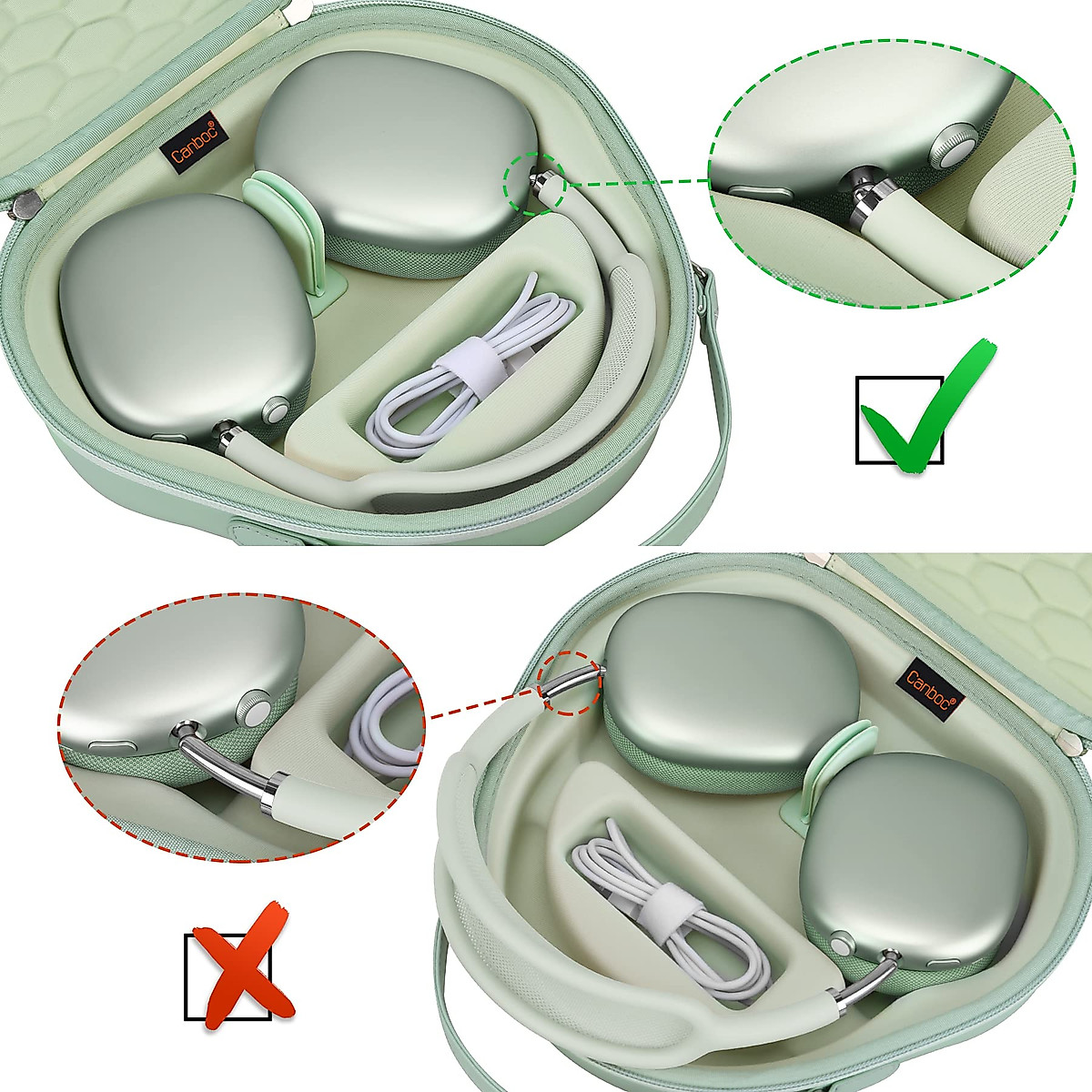 Canboc Airpods Max Case for Apple AirPods Max Headphone, Hard Carrying Smart Headphones Case, Extra Space fits Cable, Charger, Green (PU)