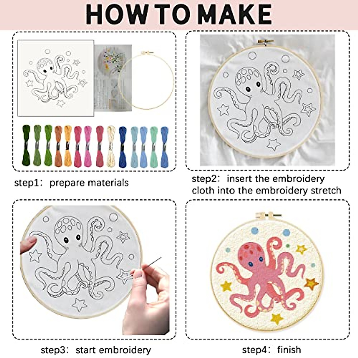 INFUNLY 4 Sets Embroidery Kit for Beginners with Sea Animals Pattern DIY Embroidery Kit for Adults Ocean Embroidery Art Kit Cross Stitch Kit for Adults with Plastic Embroidery Hoops Threads Needles