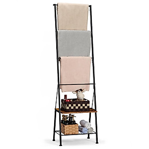 Blanket Ladder with Shelf, Towel Rack for Bathroom Standing, Blanket Rack for Bedroom Freestanding Towel Rack for Bathroom Metal Towel Bar Stand Drying and Display Rack with Shelf, Rustic Brown
