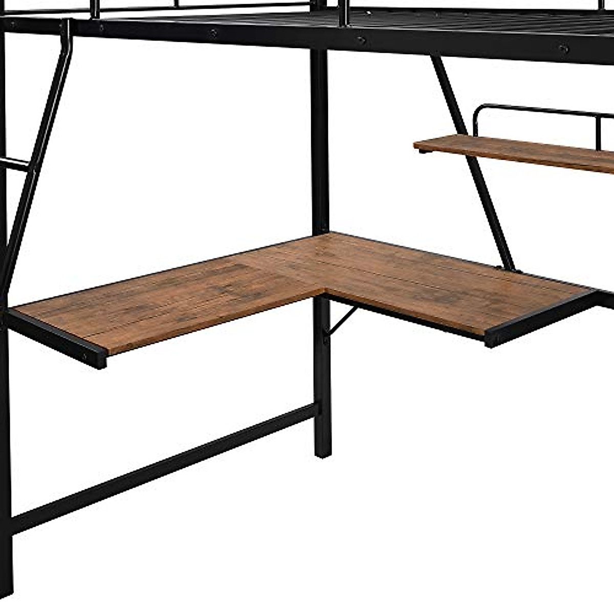 MOEO Twin Size Metal Loft Bed with L-Shaped Desk and Shelf, Bedfram w/Guardrail for Kids, Home, No Spring Box Required, Black
