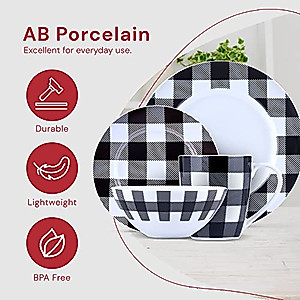 Winter Frost White, Black Modern Kitchen Dinnerware Sets, Indoor and Plates, 16-Piece Plaid Kitchen Plates and Bowls Set with Mugs, Dishwasher Safe