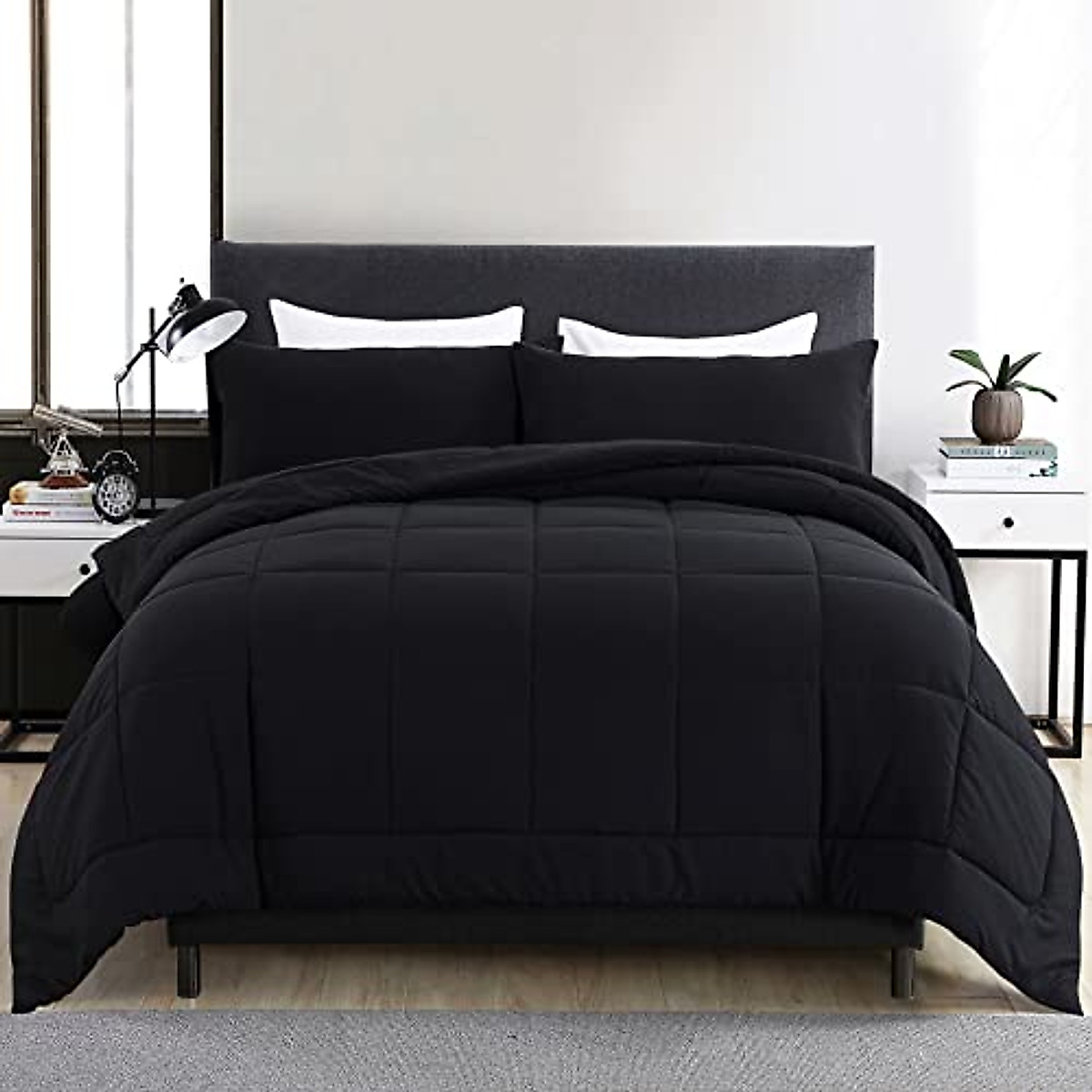 DOWNCOOL Queen Comforter Set -All Seasons Bedding Comforters & Sets with 2 Pillow Cases-3 Pieces Bed Set Queen Down Alternative Comforter Set -Black Bedding Comforter Sets Queen (88x90 inches)