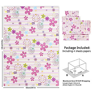 Little Flowers Floral Pink Wrapping Paper, Colorful Dasiy Flowers Print On The Striped Gift Wrap 4 Sheets For Kids Girls Boys Princess Wrapping Paper - Birthday Baby Shower Wedding Mother's Day and