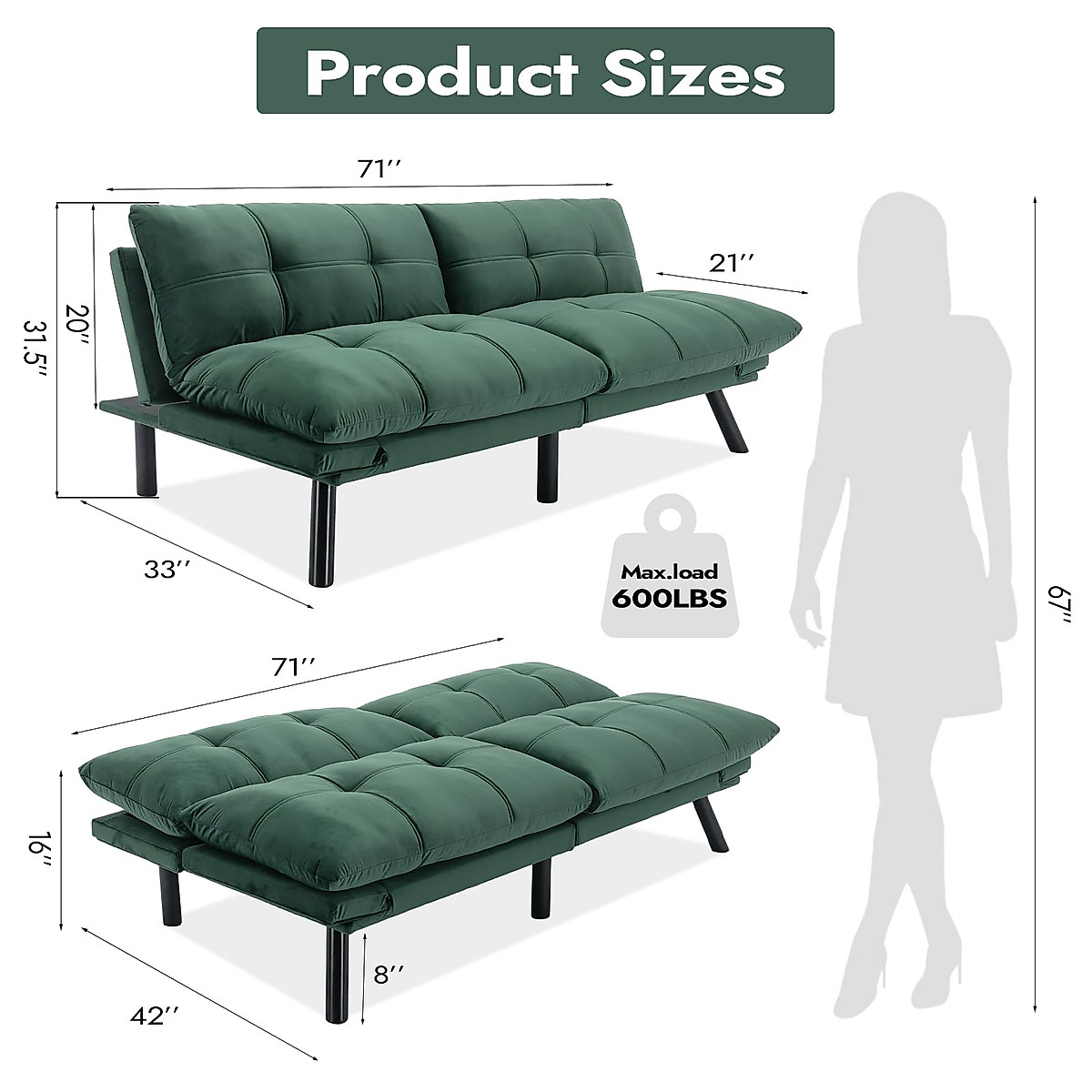 Edbuosy Comfortable Futon Sofa Bed, Memory Foam Loveseat, Convertible Adjustable Sofa Bed CouchSuitable for Office, Home, and Bedroom (Green)