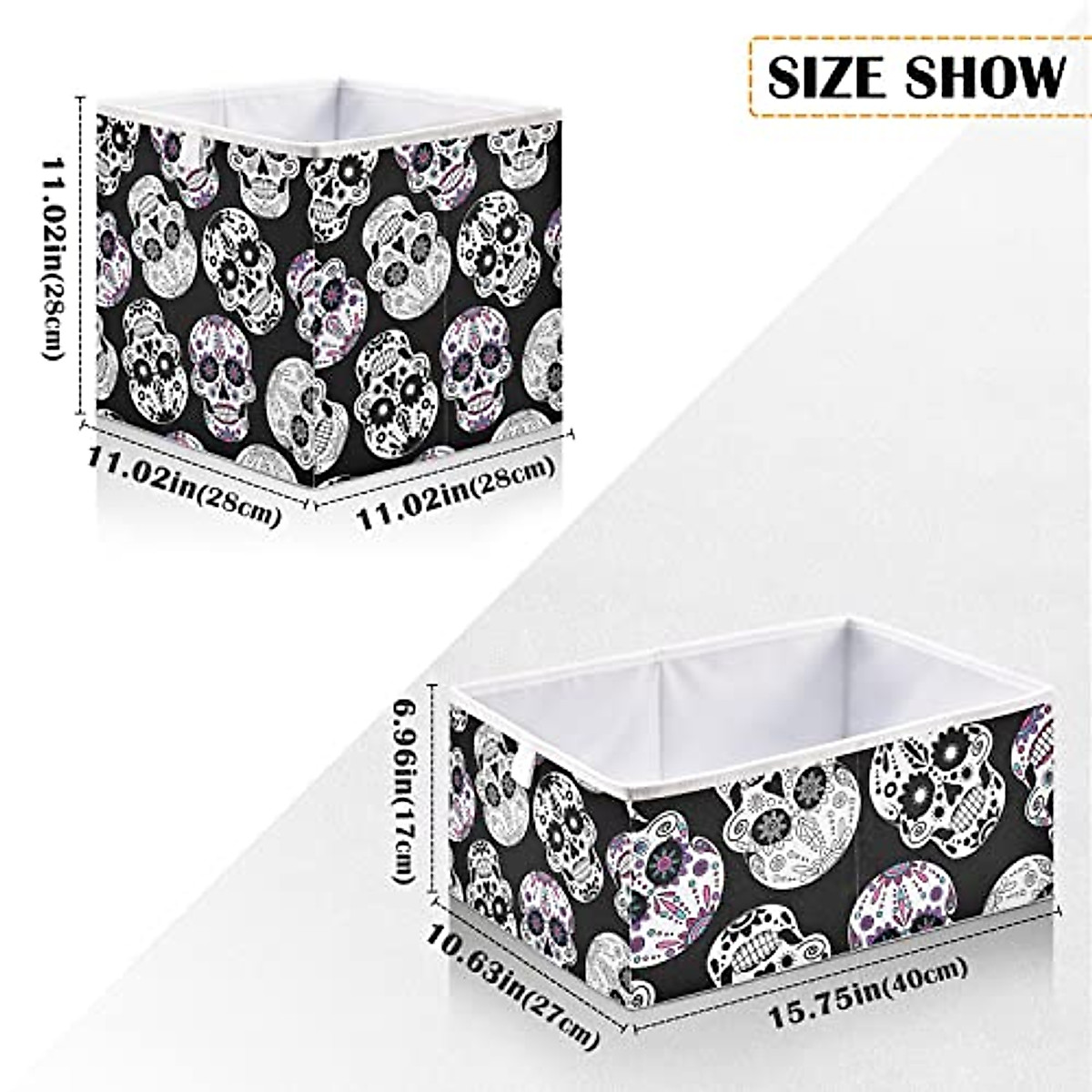 Sugar Skulls Flowers Storage Bins Cubes Storage Baskets Fabric Foldable Collapsible Decorative Storage Bag with Handles for Shelf Closet Bedroom Home Gift 11" x 11" x 11"