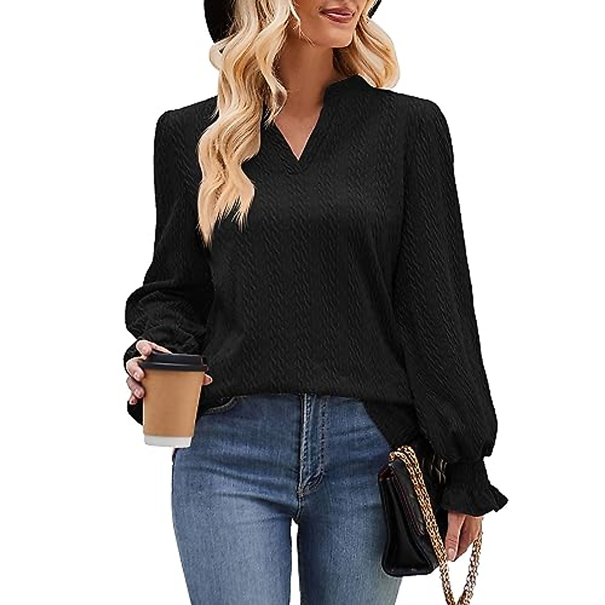 Women's 2023 Fashion Sweatshirt V Neck Bubble Sleeve Pullover Knit Solid Color Top Long Sleeve Embossed T-Shirts（Black,Small）