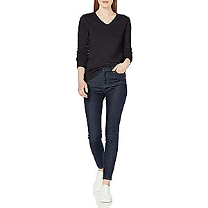 Amazon Essentials Women's 100% Cotton Long-Sleeve V-Neck Sweater, Black, Large