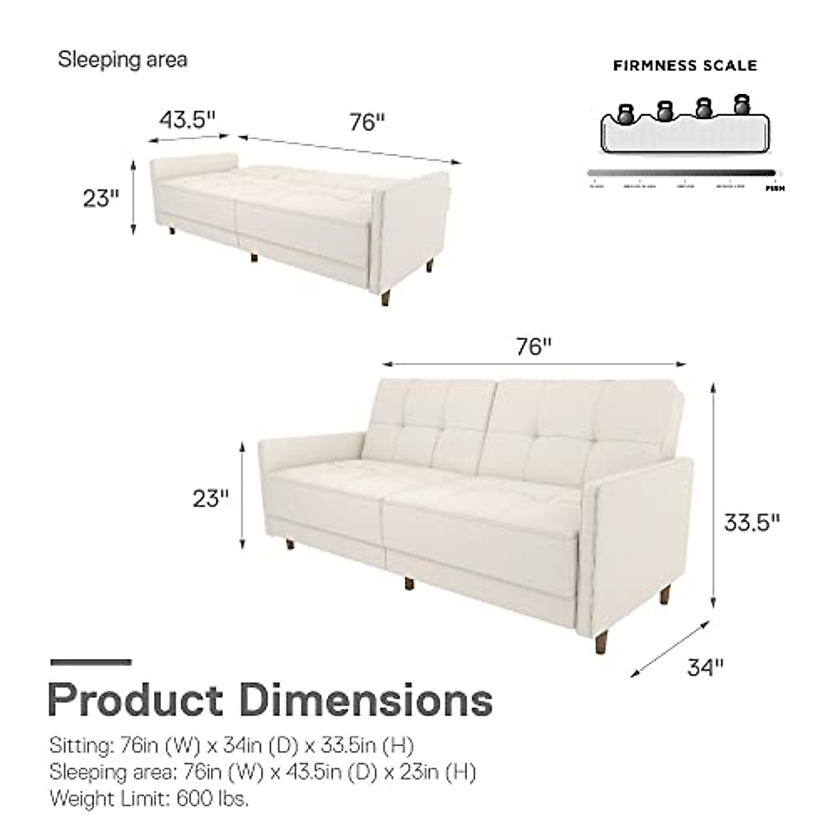 DHP Andora 76 Inch Futon Sofa Bed in Faux Leather, Modern Upholstered Couch Sleeper with Button Tufted Back and Seat, White