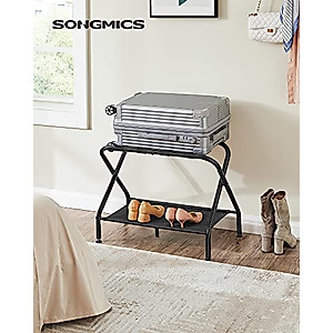 SONGMICS Luggage Rack, Suitcase Stand with Fabric Storage Shelf, for Guest Room, Bedroom, Hotel, Foldable Steel Frame, Holds up to 110 lb, 27.2 x 15 x 20.5 Inches, Black URLR002B01V1