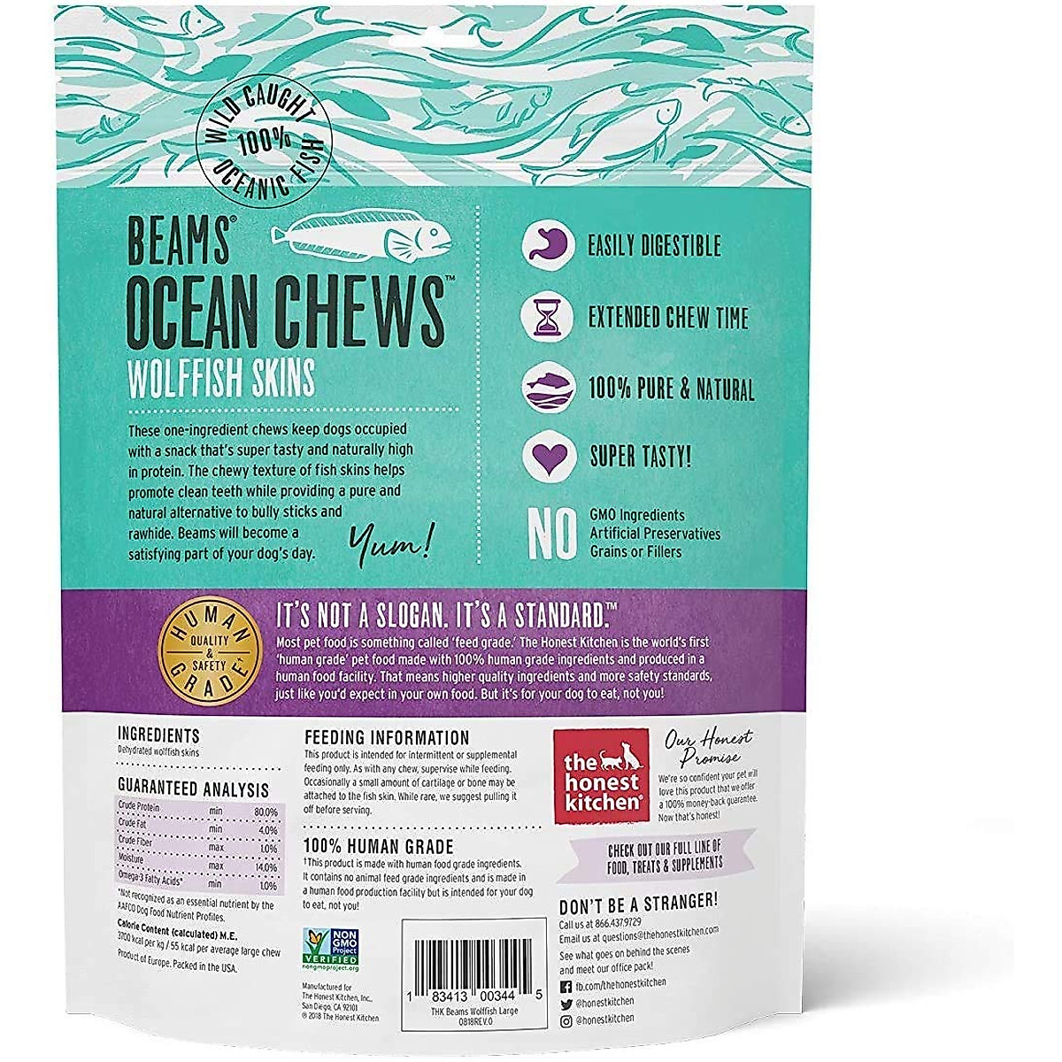 The Honest Kitchen Beams Fish Skin Treat - Dehydrated Grain Free Fish Skins Dog Chew, Talls 12 oz