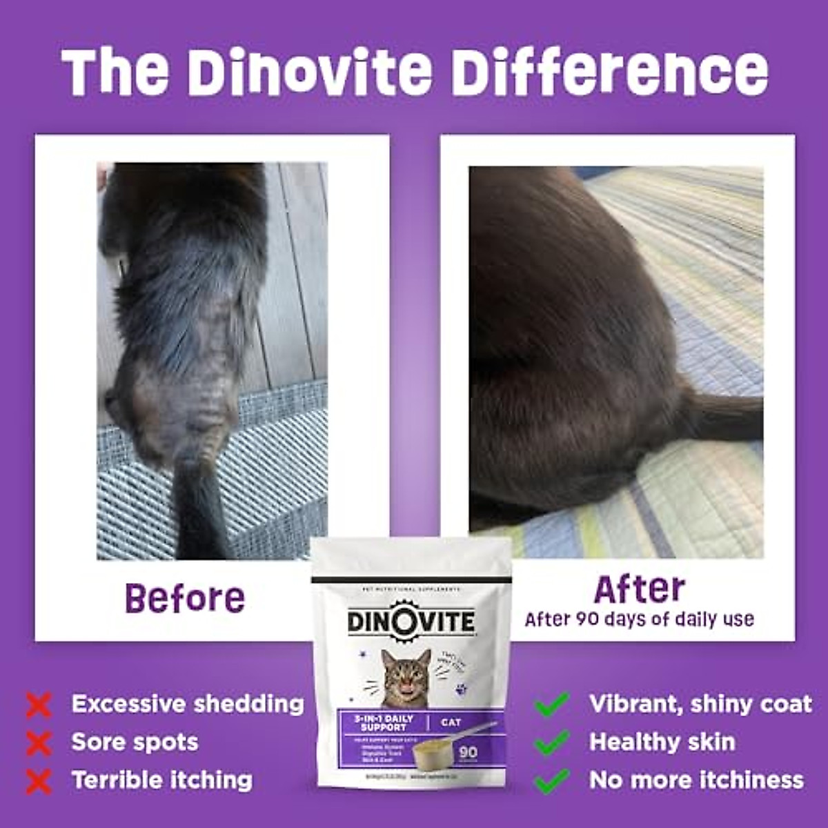 Dinovite for Cats Supplement - Immune + Digestive, Skin + Coat Support, Vitamins, Minerals, Omega 3, Enzymes, Probiotics. Reduces Shedding, Dry Skin, Itching, Stinking, Bald Spots, Seasonal Issues