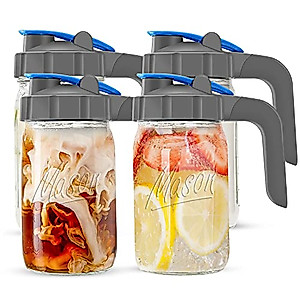 Glass Mason Jar 32 oz Pitcher, 4 Pack Quart Mason Jar Pitcher with Wide Mouth Airtight Lid, Heavy Duty Glass Pitcher for Cold Brew, Ice Tea, Coffee, Sun Tea, Juice, Breastmilk