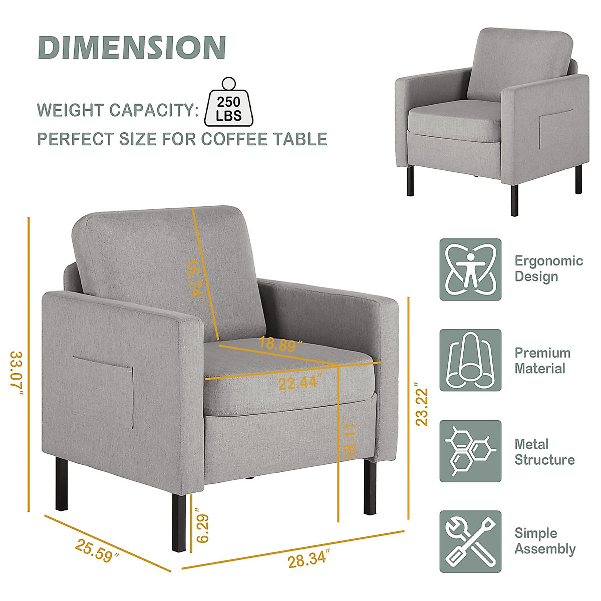 STHOUYN Fabric Comfy Small Accent Chair Set of 2 Living Room Bedroom Chairs, Reading Arm Chair for Adults, Suitable Small Spaces Office Couch, Light Grey (2, Light Grey)