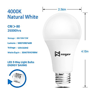 Noger 3 Way Light Bulbs A19, 30 70 100W Equivalent, 4000K Natural White, 3 Way E26 Light Bulbs for Reading, 500-1200-1600LM, 2 Pack
