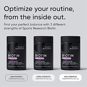 Sports Research Vegan Biotin 10,000mcg with Coconut Oil - Max Strength Biotin Vitamin B7 for Skin and Keratin Support - Non-GMO & Gluten Free, 120 Softgels (4 Month Supply)
