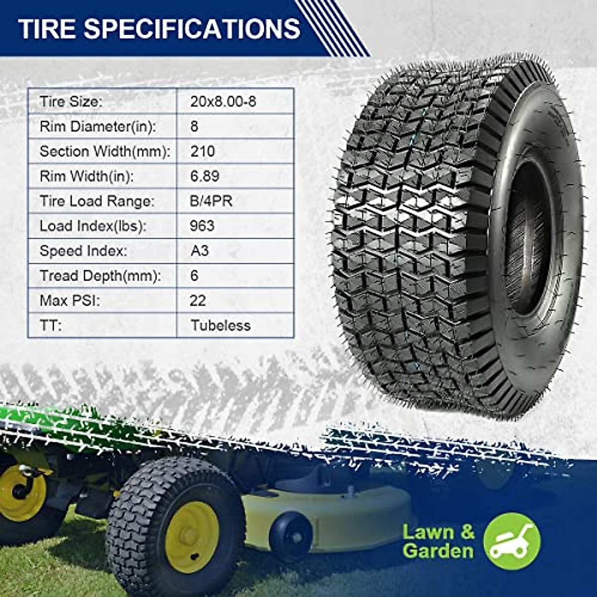 MaxAuto Lawn Mower Tire 15x6.00-6 Front & 20X8.00-8 Rear Tire for Lawn & Garden Tractor, 4Ply Tubeless, Set of 2