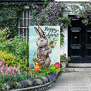 Easter Garden Flag Double Sided Burlap Decorative Happy Easter Bunny Flowers Holiday Easter Decor for Outside Yard Outdoor Farmhouse Easter Decorations (12x18 inch)
