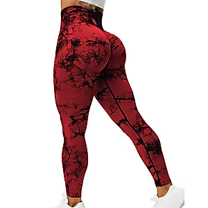 QOQ Womens Tie Dye High Waisted Workout Leggings Seamless Scrunch Booty Butt Lift Yoga Pants Tummy Control Compression Tights Red XL