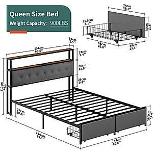Yoobure Queen Size Bed Frame, Metal Platform Bed Frame Queen Size with Headboard, Noise Free Bed Frames with Storage Drawers, Bedframe with Charging Station LED Light, Heavy Duty, No Box Spring Needed