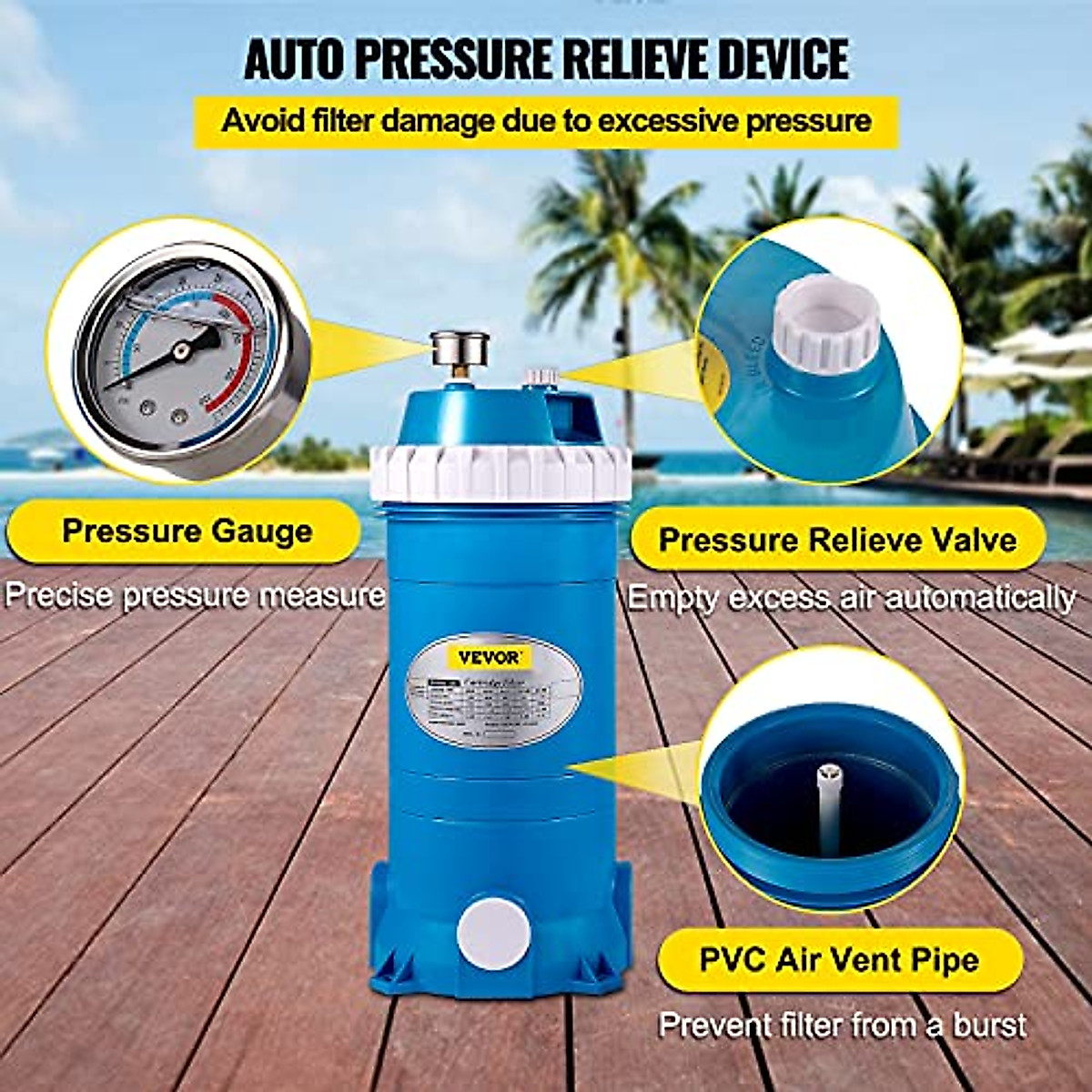 VEVOR Cartridge Pool Filter, 150Sq. Ft Filter Area Inground Pool Filter,Above Ground Swimming Pool Cartridge Filter System w/Polyester Cartridge,Corrosion-proof,Auto Pressure Relieve,2 Unions Included