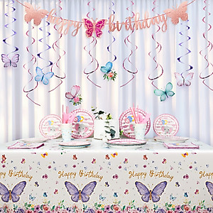 MOMOHOO Butterfly Birthday Party Decorations - 109Pcs Pink and Purple Balloons Arch Kit Butterfly Backdrop for Birthday Party, Butterfly Tablecover, Happy Birthday Banner Butterfly Stickers Decoration