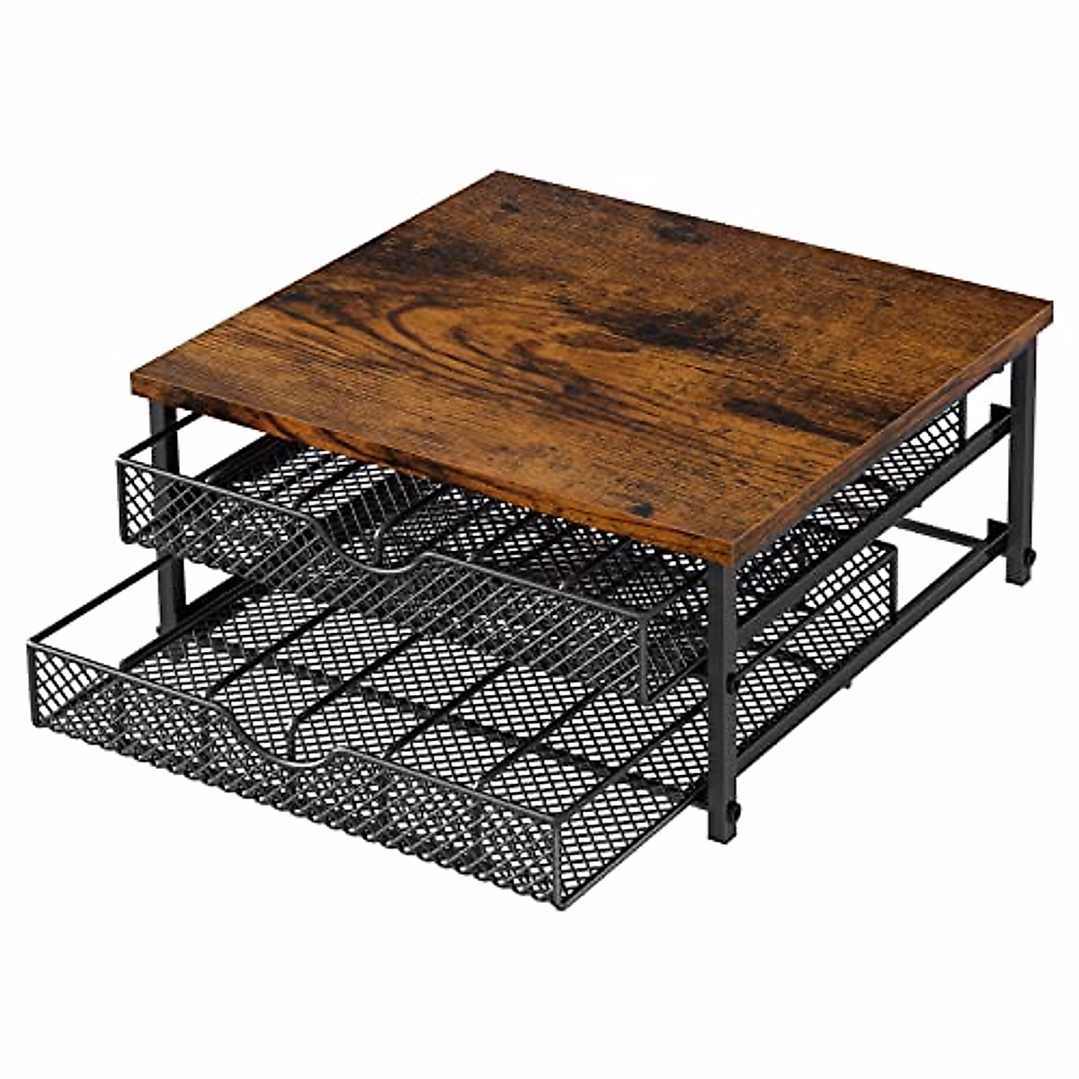 Coffee Pod Drawer K Cup Organizer 2-Tier Coffee Pod Storage Holder with Drawer Baskets 72 Capacity Coffee Capsule Storage Organizer Drawer, Industrial Brown and Black