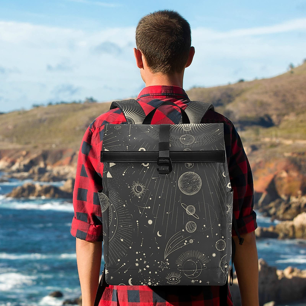 Moon And Stars Goth Travel Roll Top Backpack for Men, Expandable Waterproof Trendy Laptop Backpack